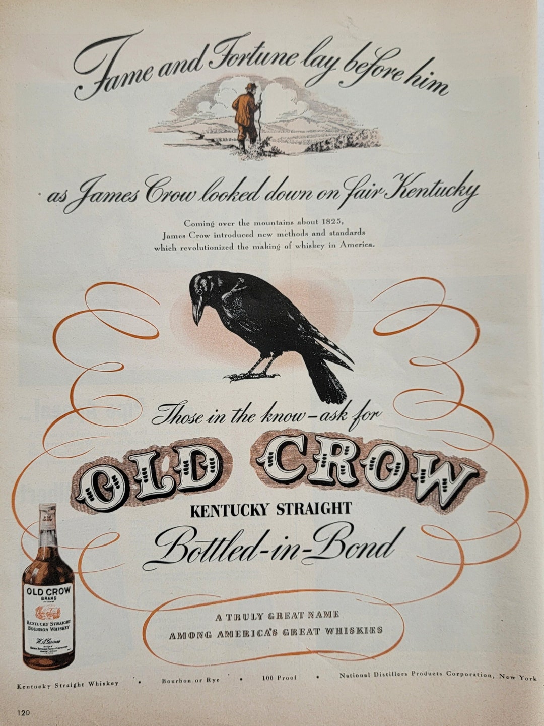1946 Old Crow Kentucky Bourbon Whiskey Vintage Advertisement Bar Decor ...