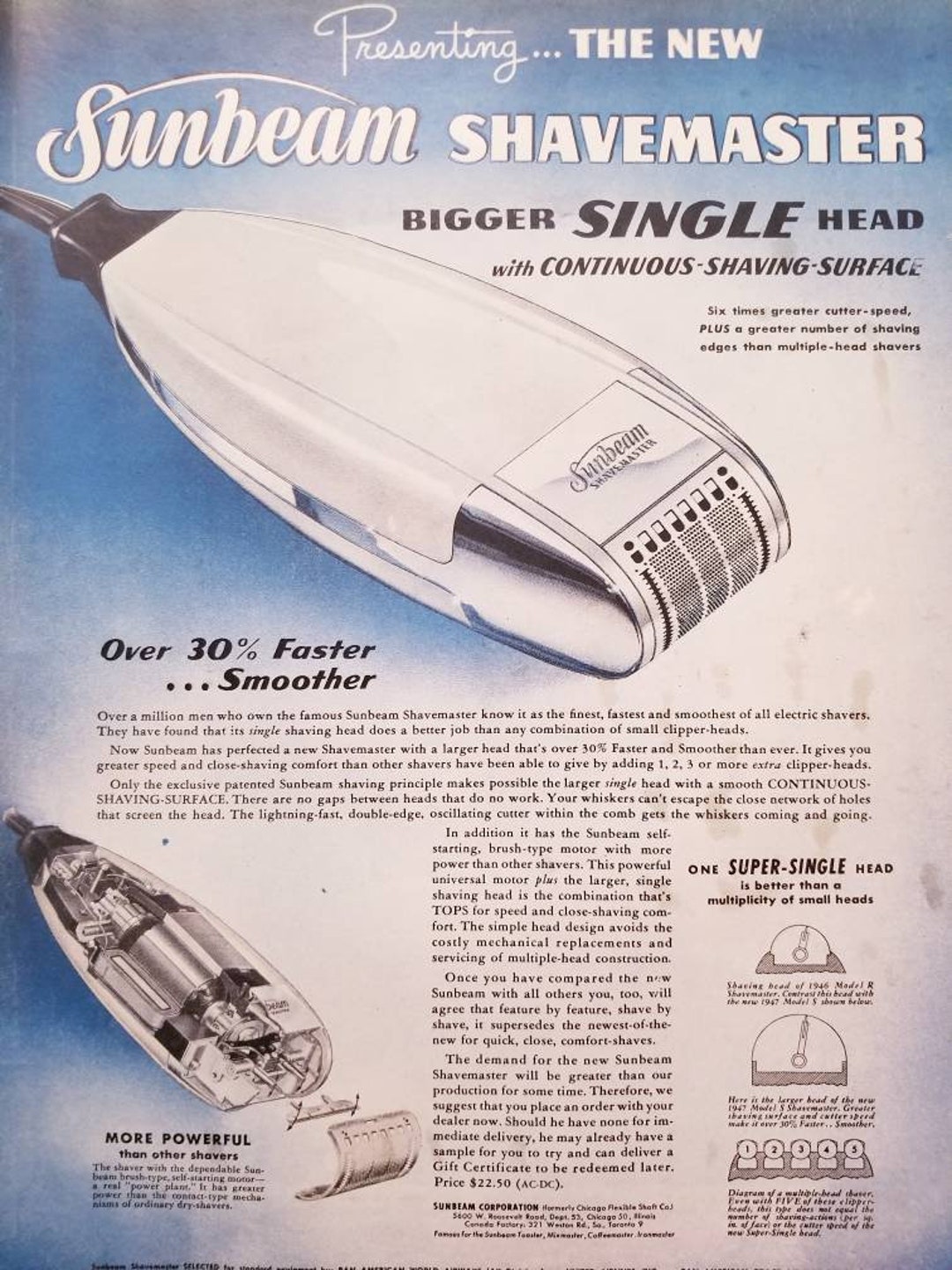 1946 Sunbeam Shavemaster Razor Vintage Advertisement Bathroom Wall Art ...