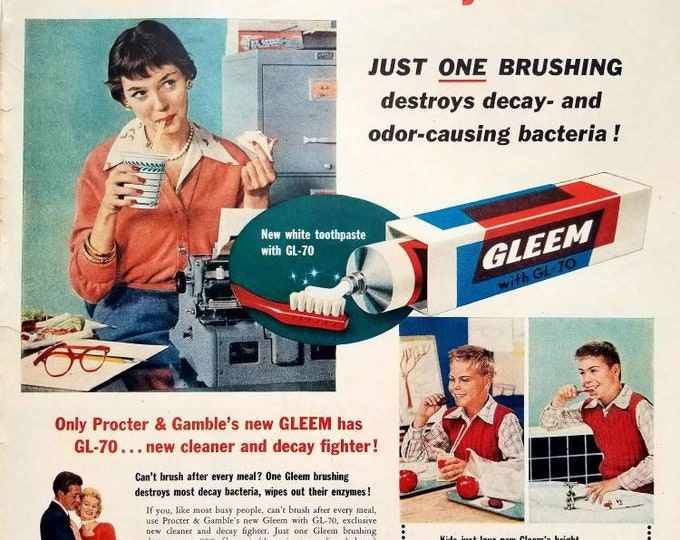 1954 Gleem Toothpaste Vintage Advertisement Bathroom Wall Art Dentist ...
