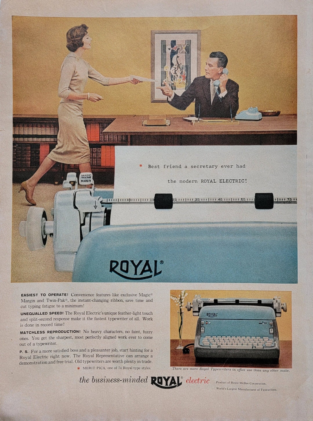 1959 Royal Electric Typewriter Vintage Advertisement Office Wall Art ...