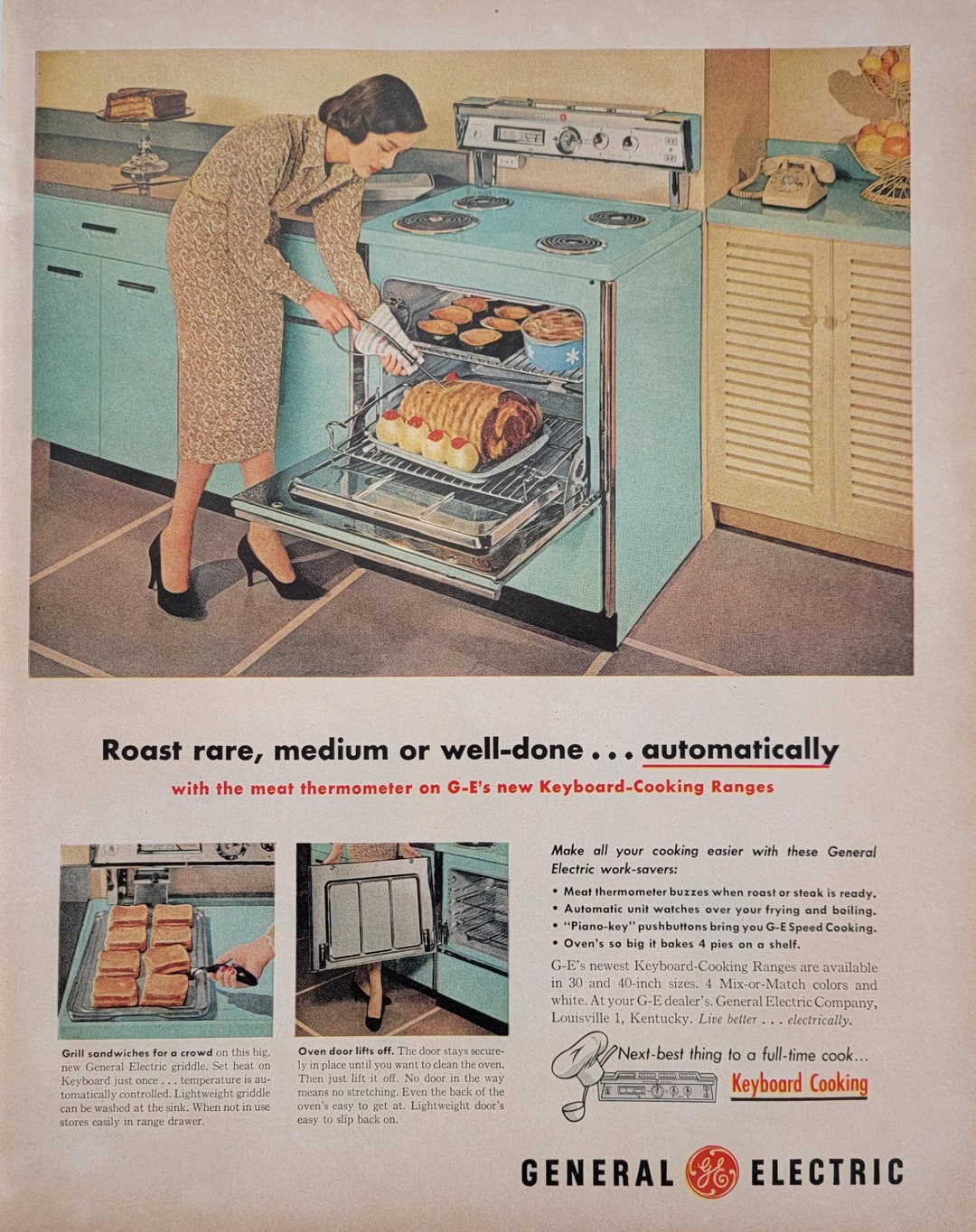 1958 GE Keyboard Cooking Range Ad: Vintage Kitchen Decor, General ...