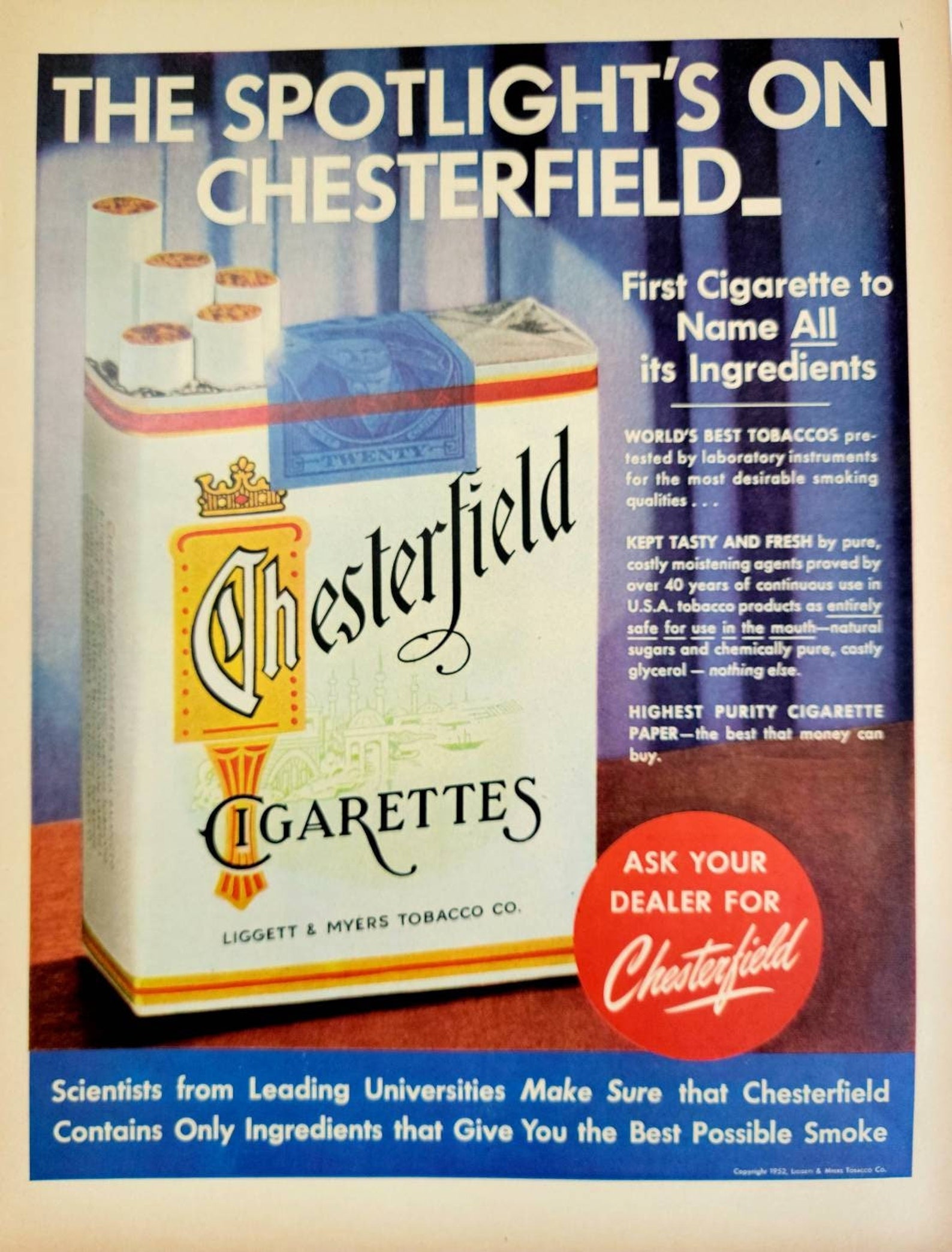 1952 Chesterfield Cigarettes Vintage Advertisement Bar Decor Game Room ...