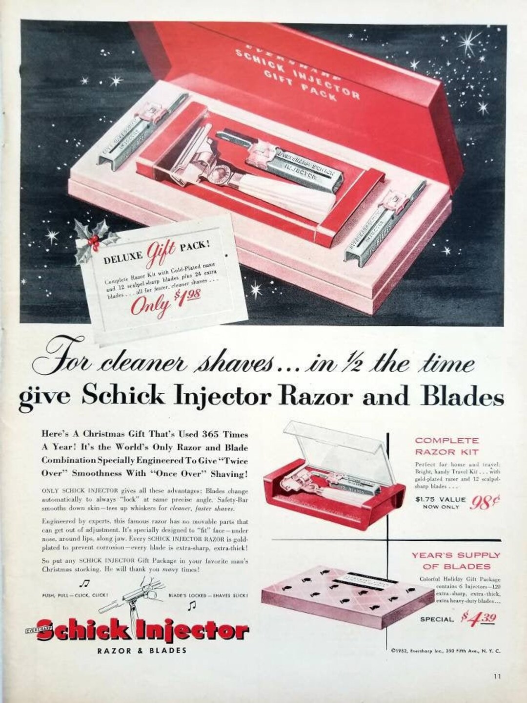 1952 Schick Injector Razor & Blades Vintage Advertisement Bathroom Wall ...