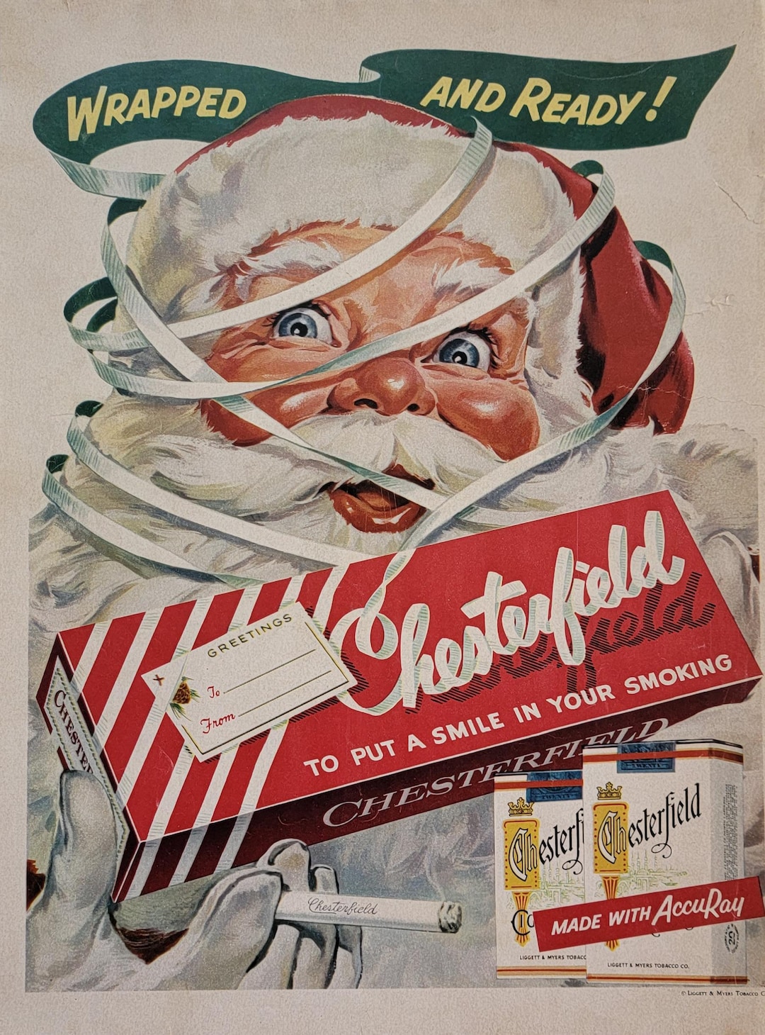 1955 Chesterfield Cigarettes Santa Claus Ad: Vintage Christmas Holiday ...
