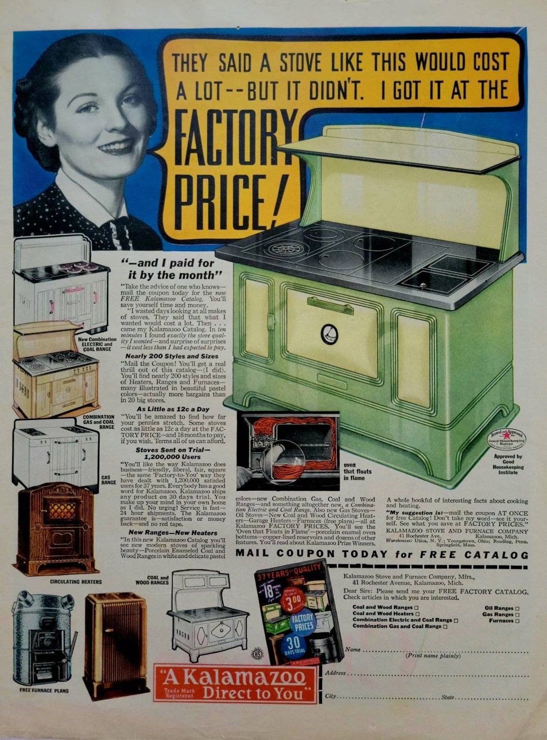 1937 Kalamazoo Range Vintage Advertisement Kitchen Wall Art Appliance ...