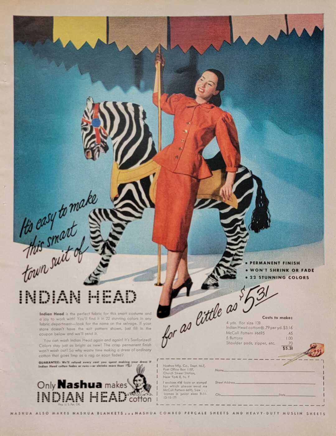 1947 Nashua Indian Head Fabric Vintage Advertisement Boutique Wall Art ...