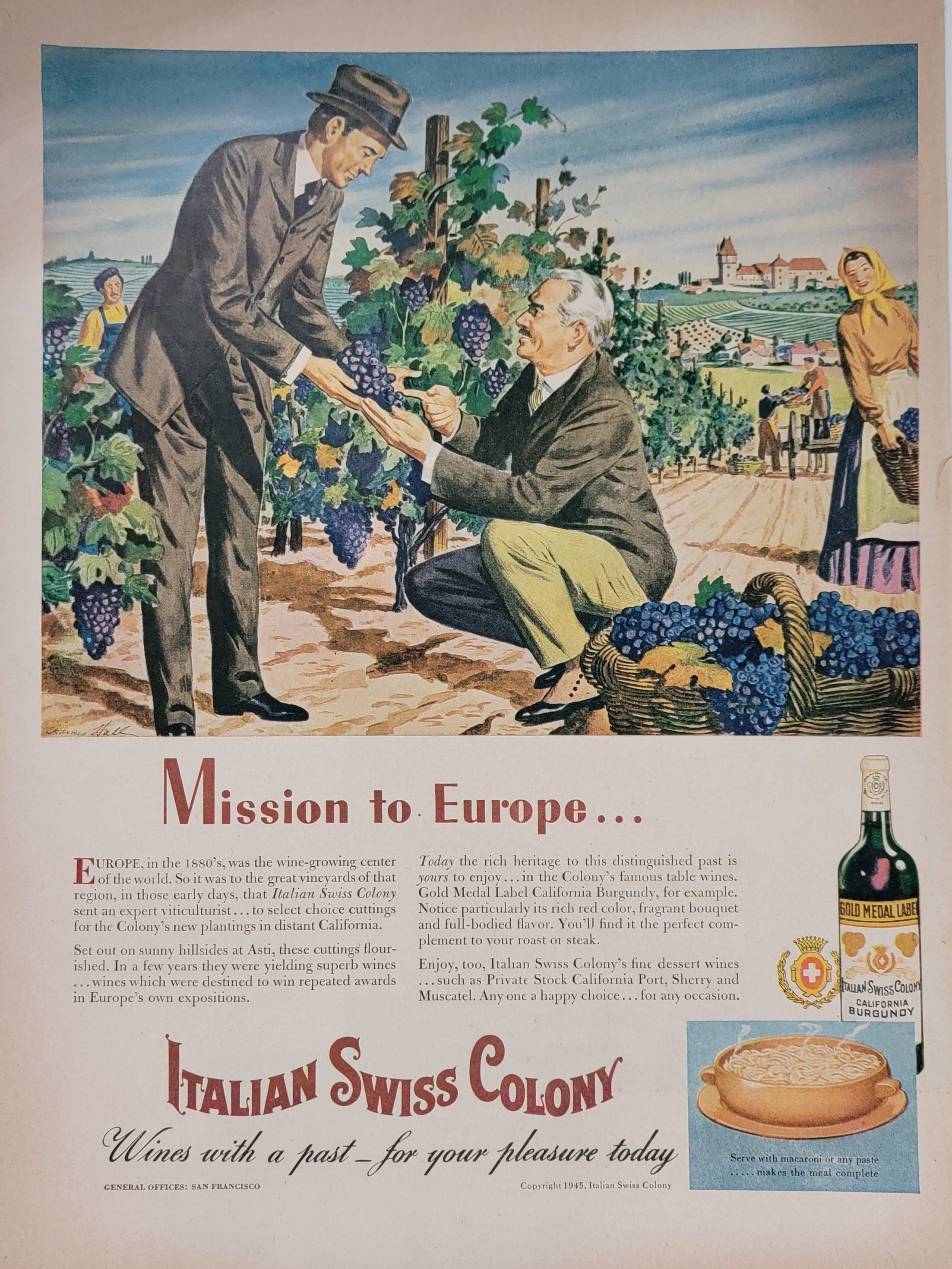 1945 Italian Swiss Colony Wine Vintage Advertisement Kitchen Decor Bar ...