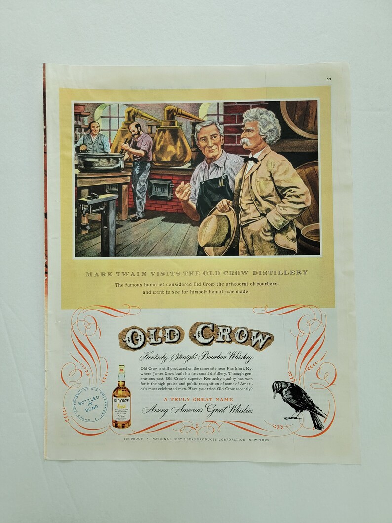 1950 Old Crow Kentucky Bourbon Whiskey Vintage Advertisement Mark Twain ...