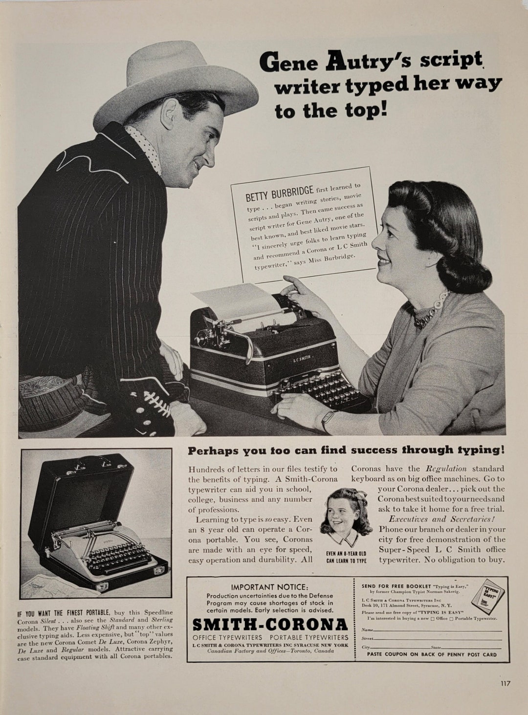 1941 Smith Corona Typewriter Vintage Advertisement Gene Autry Office ...