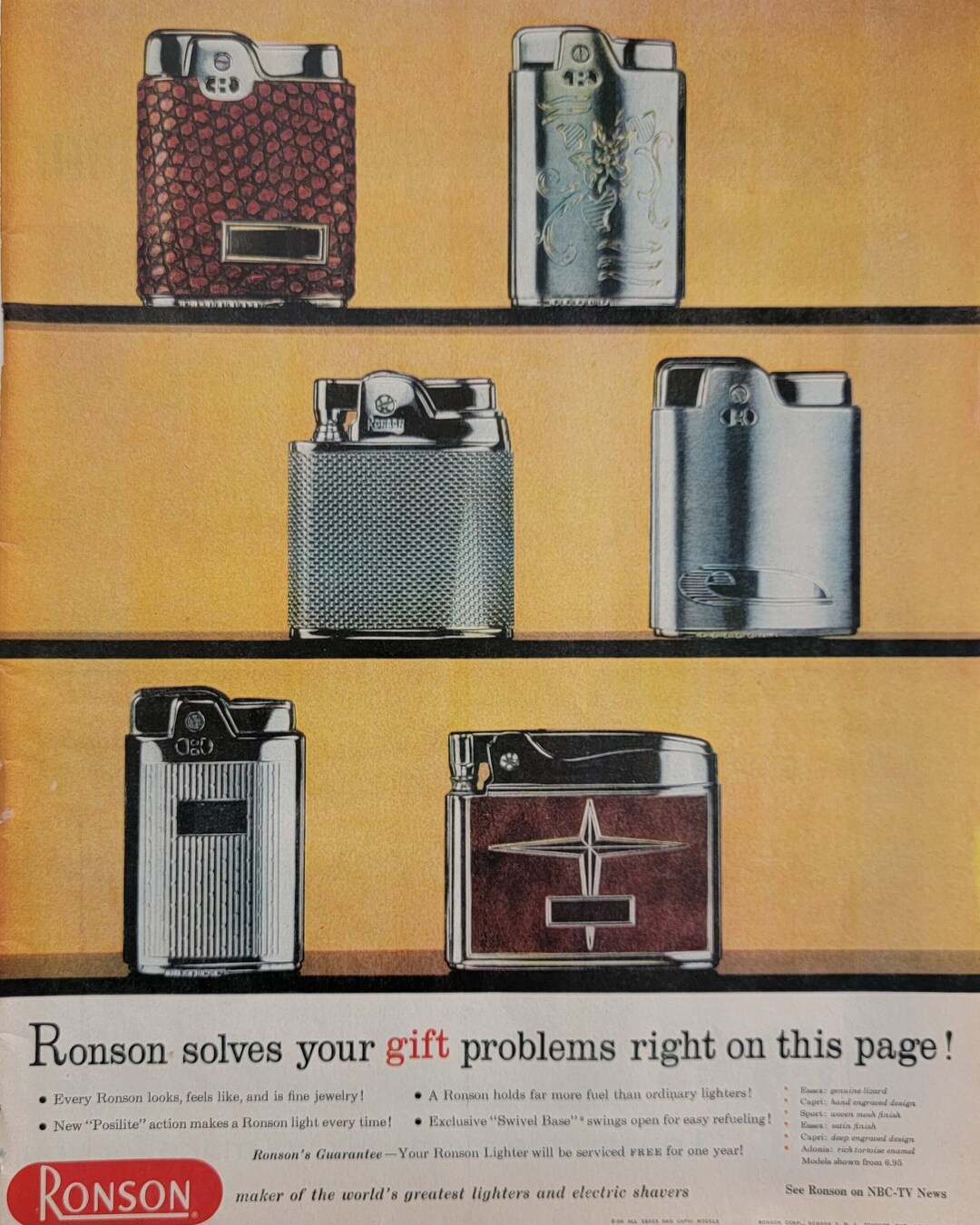 1957 Ronson Lighters Vintage Advertisement Game Room Wall Art Man Cave ...