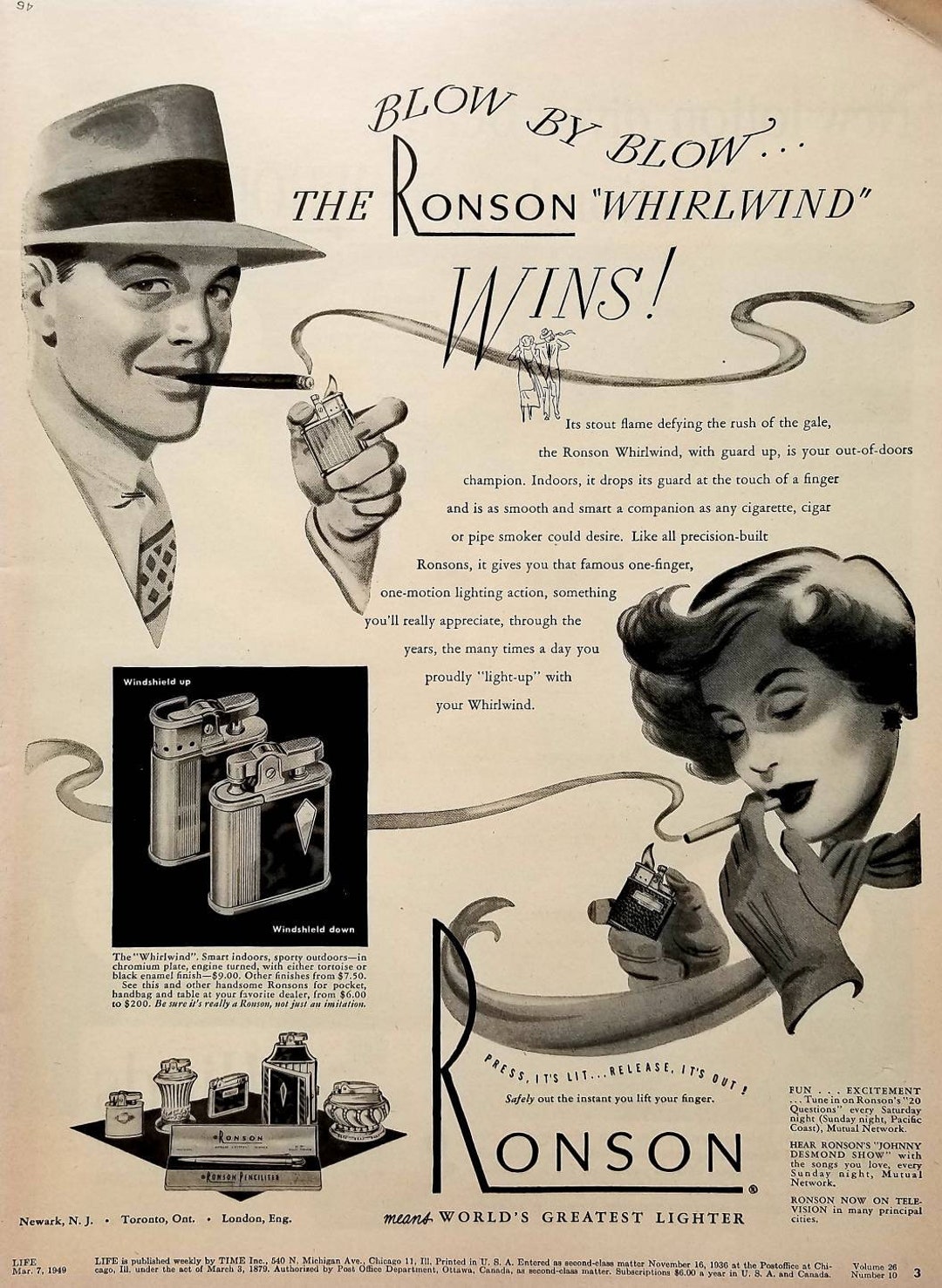 1949 Ronson Lighters Vintage Advertisement Game Room Wall Art Man Cave ...