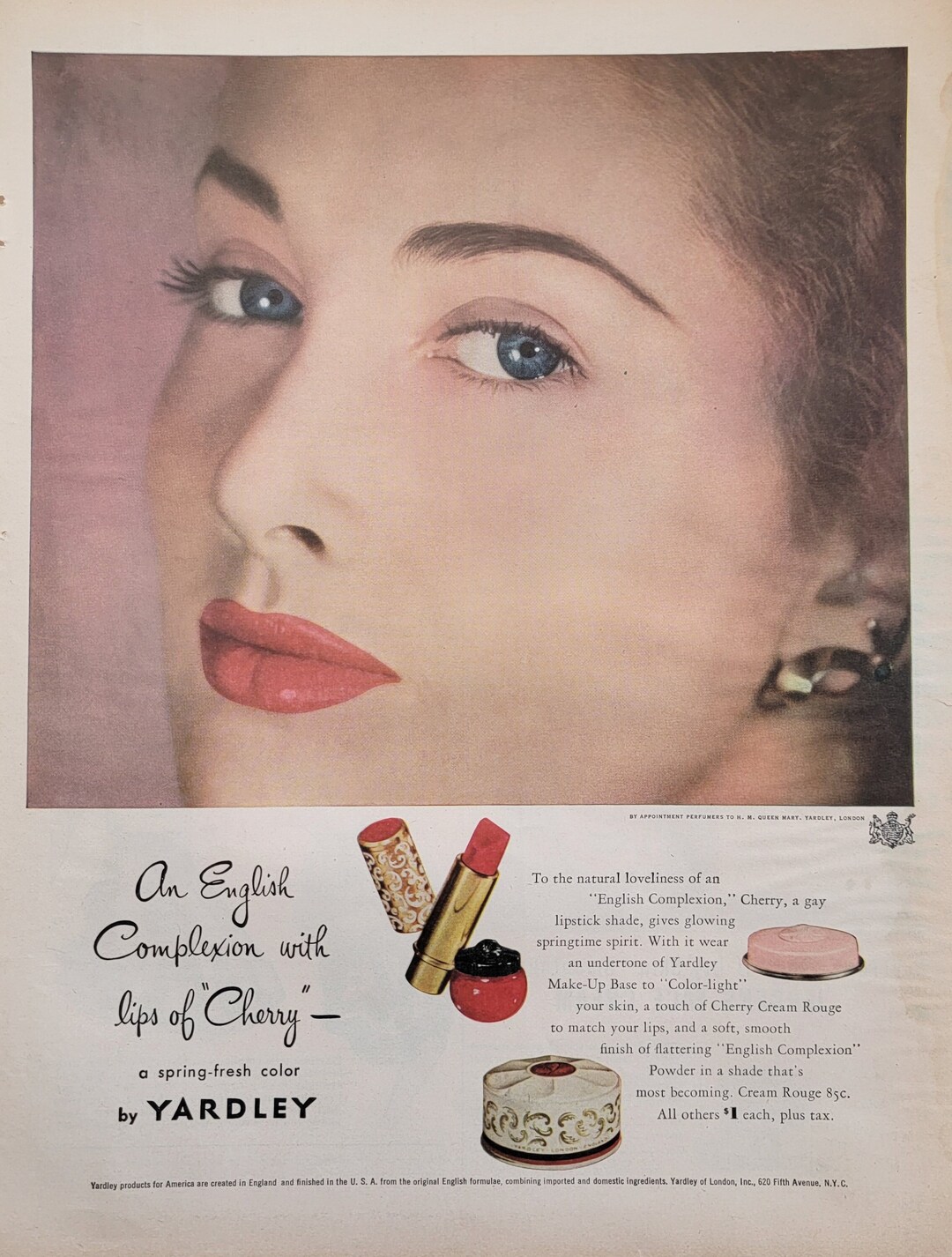 1947 Yardley Lipstick Vintage Advertisement Cherry Lipstick Make up Ad ...