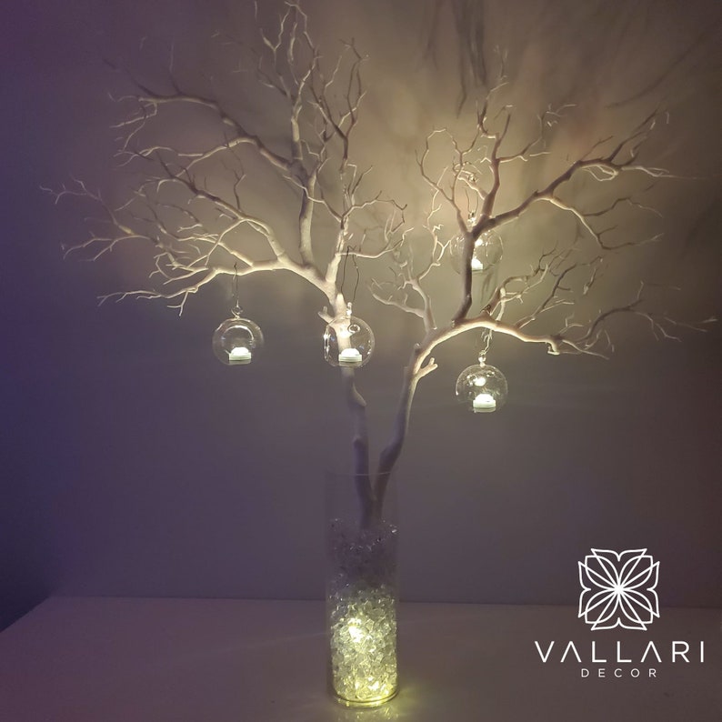 White Manzanita Branches Centerpiece/12" Cylinder Vase/2.7" Glass Bulbs ...