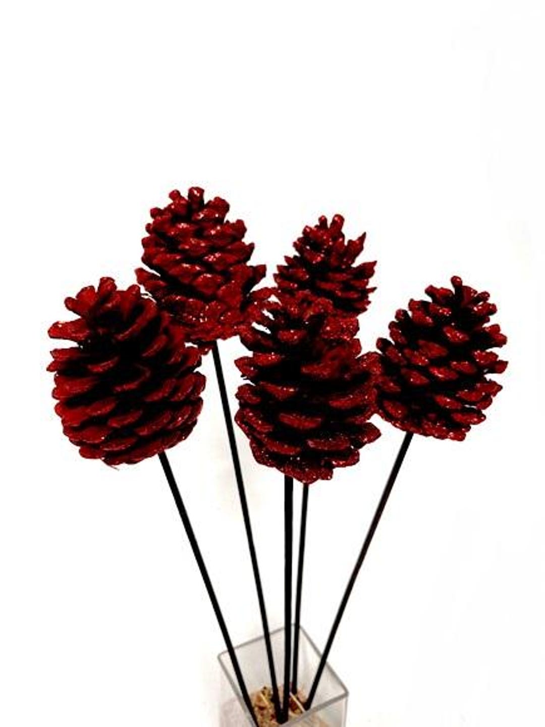 3"-4" Red Sparkle Pine Cones on Stems/cones/pine Cones on Sticks/rustic ...