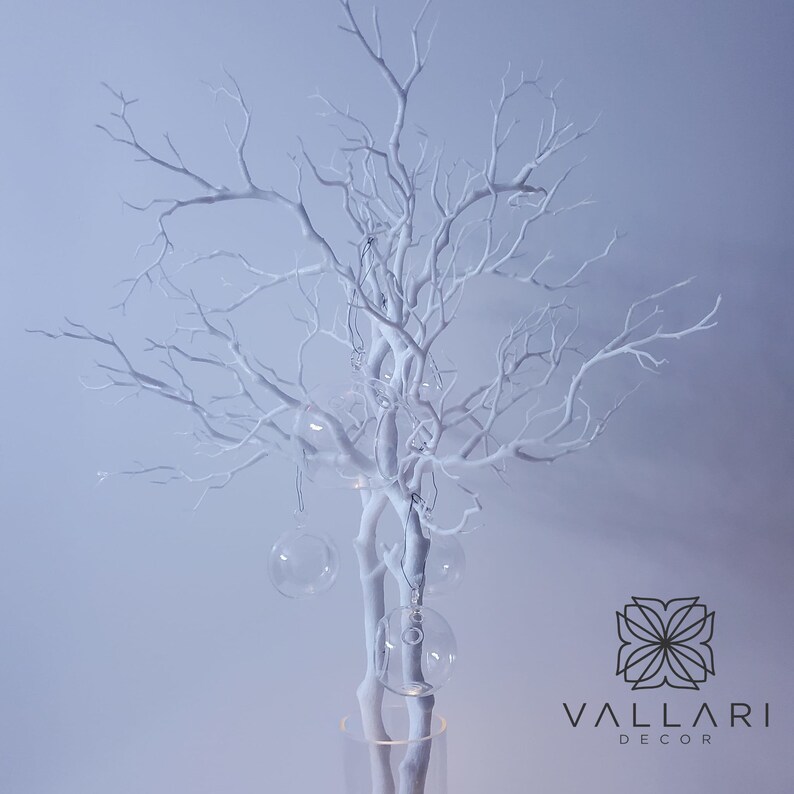 White Manzanita Branches Centerpiece/12" Cylinder Vase/2.7" Glass Bulbs ...