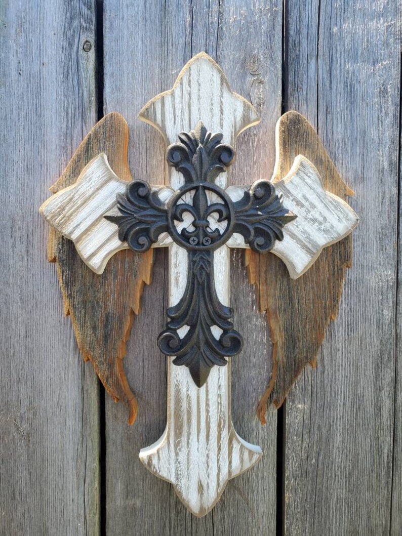 Night Light Off-White Angel Wing Fleur de lis Wall Cross | Etsy