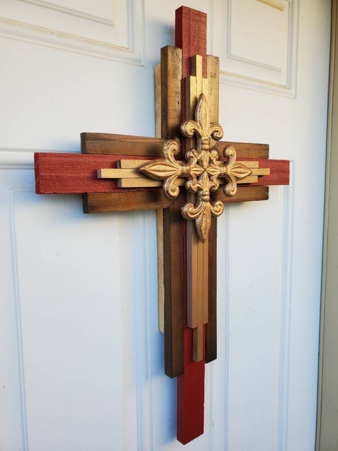 Old School Rustic Cedar Wood Cross Flamenco Red With Fleur-de-lis Wall ...