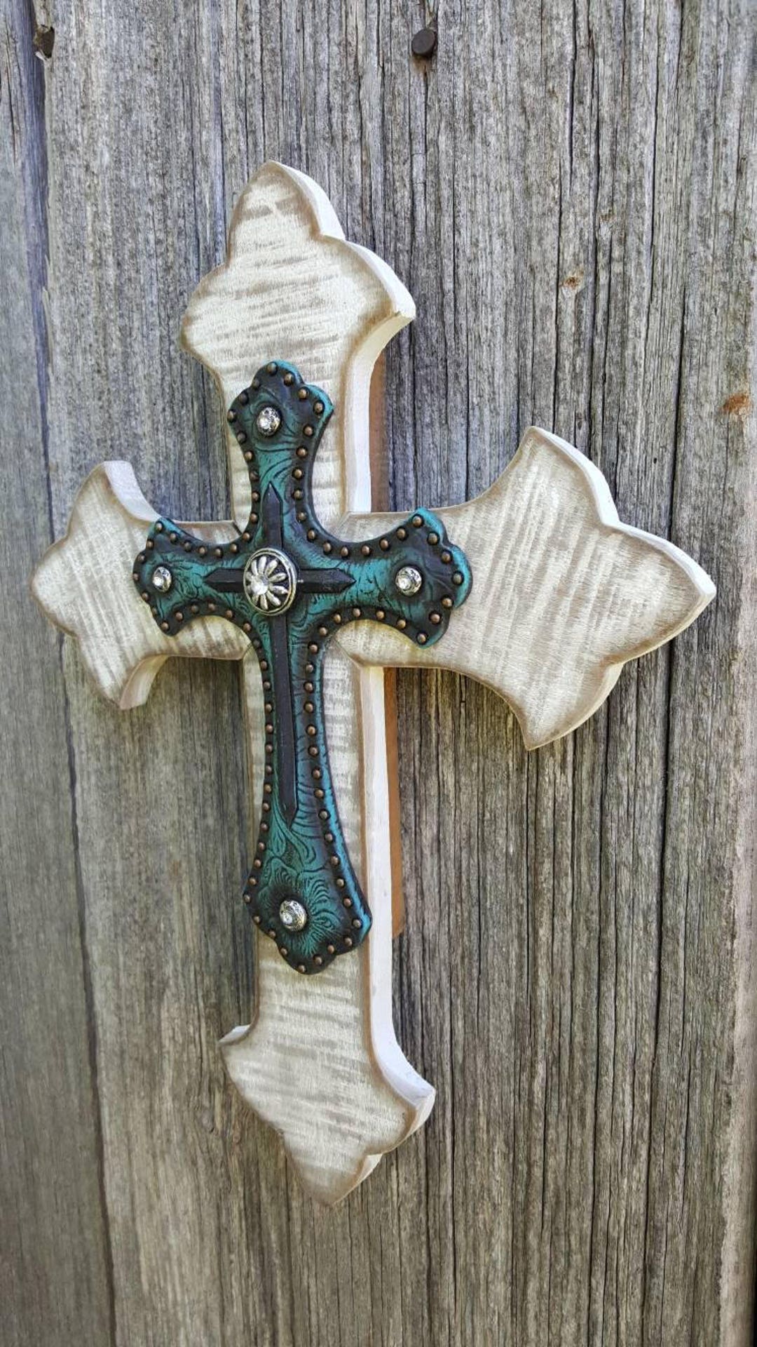 Small Ivory White Reclaimed Wood Wall Cross Western Turquoise Faux ...