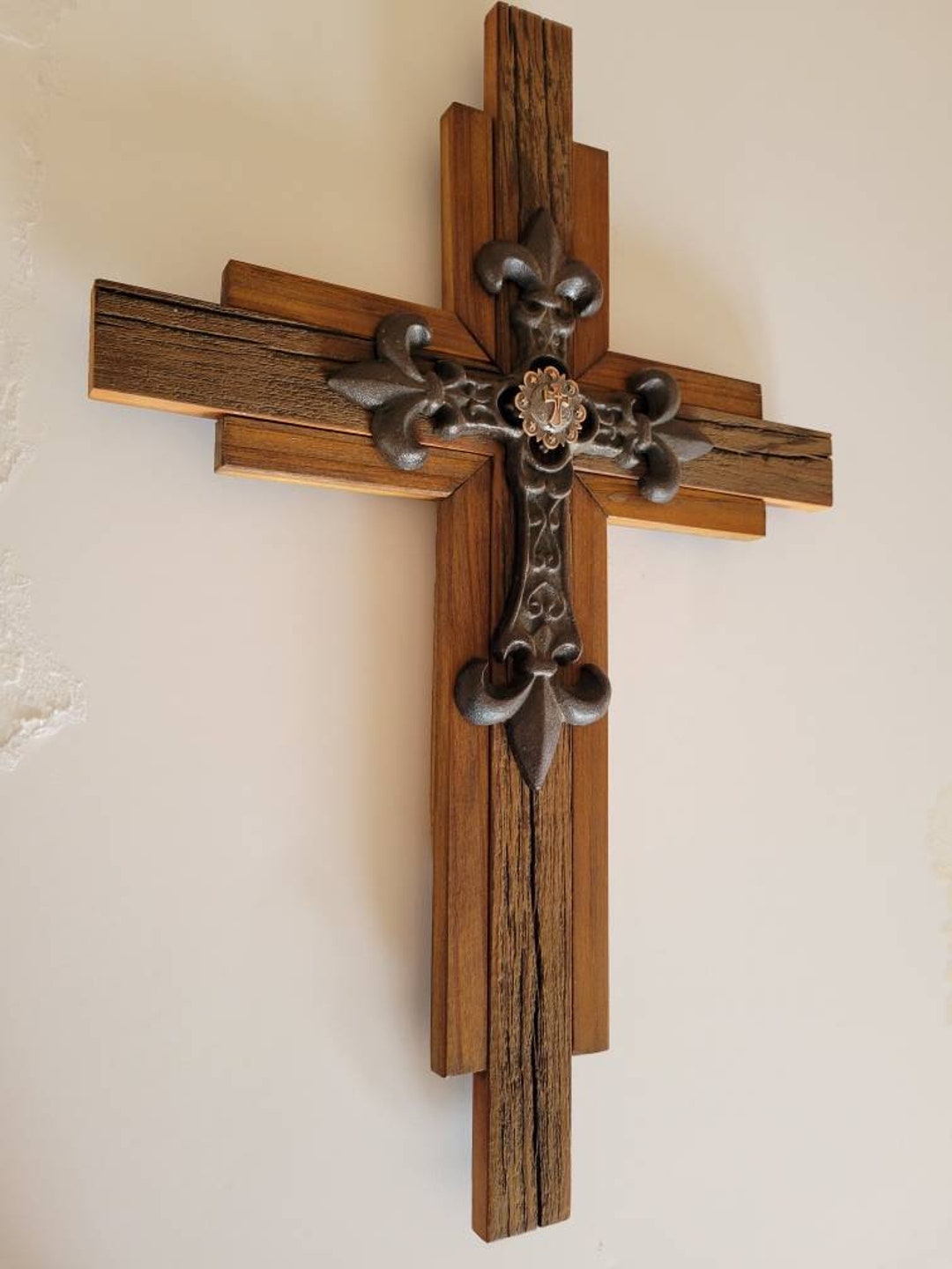 Rustic Cedar Wood Cross Natural W/ Cast Iron Fleur-de-lis Wall Hanging ...