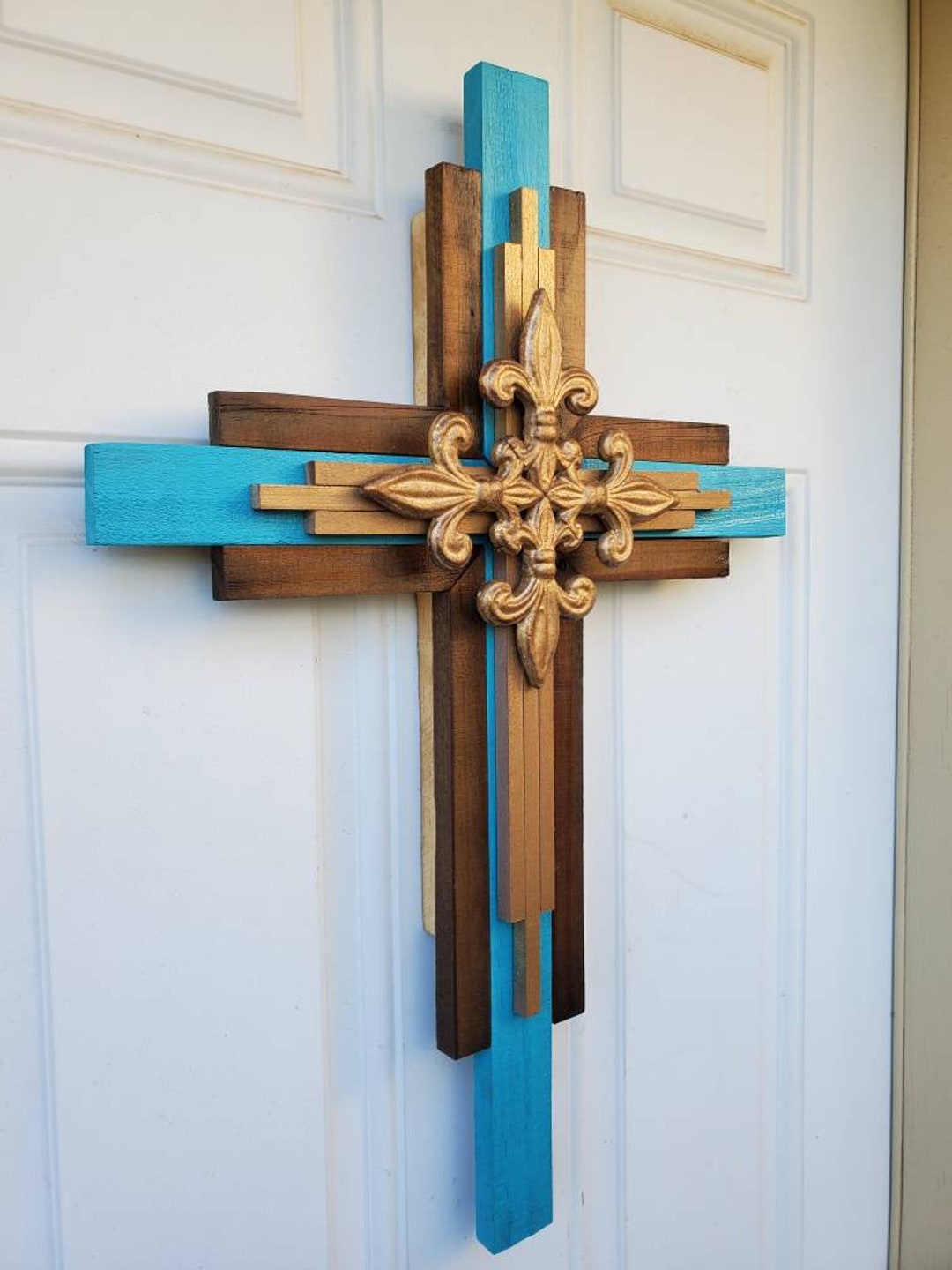 Old School Rustic Cedar Wood Cross Turquois With Fleur-de-lis Wall ...