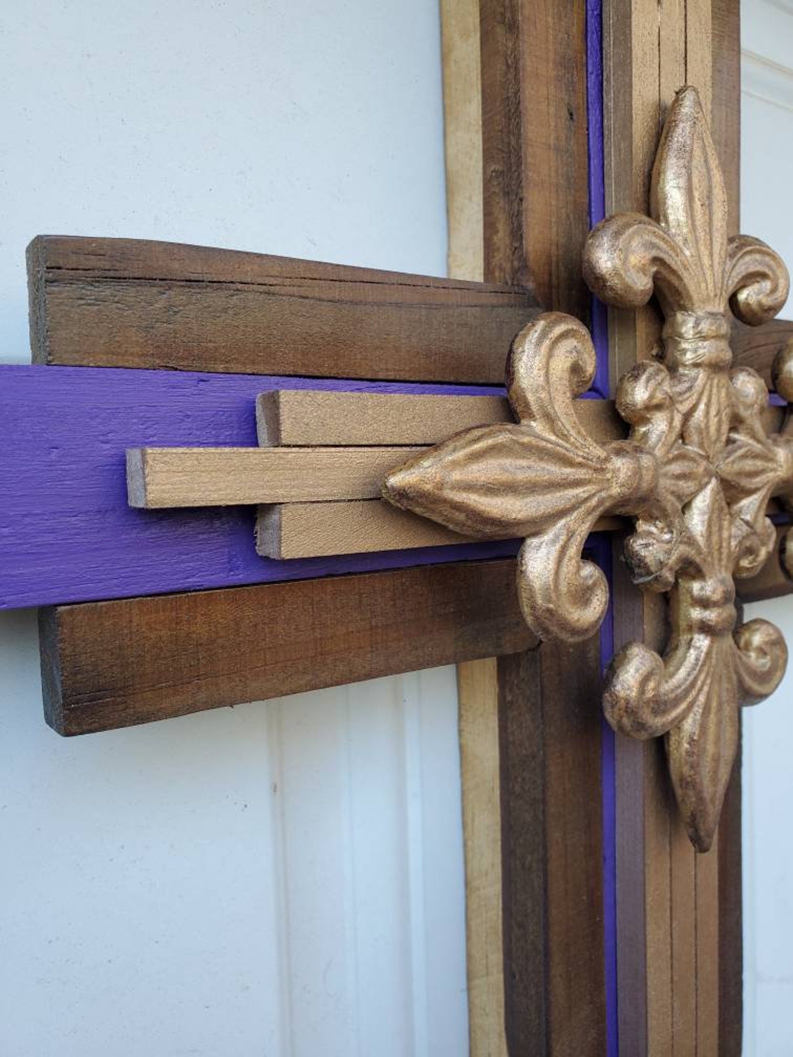 Old School Rustic Cedar Wood Cross Royal Purple With Fleur-de-lis Wall ...