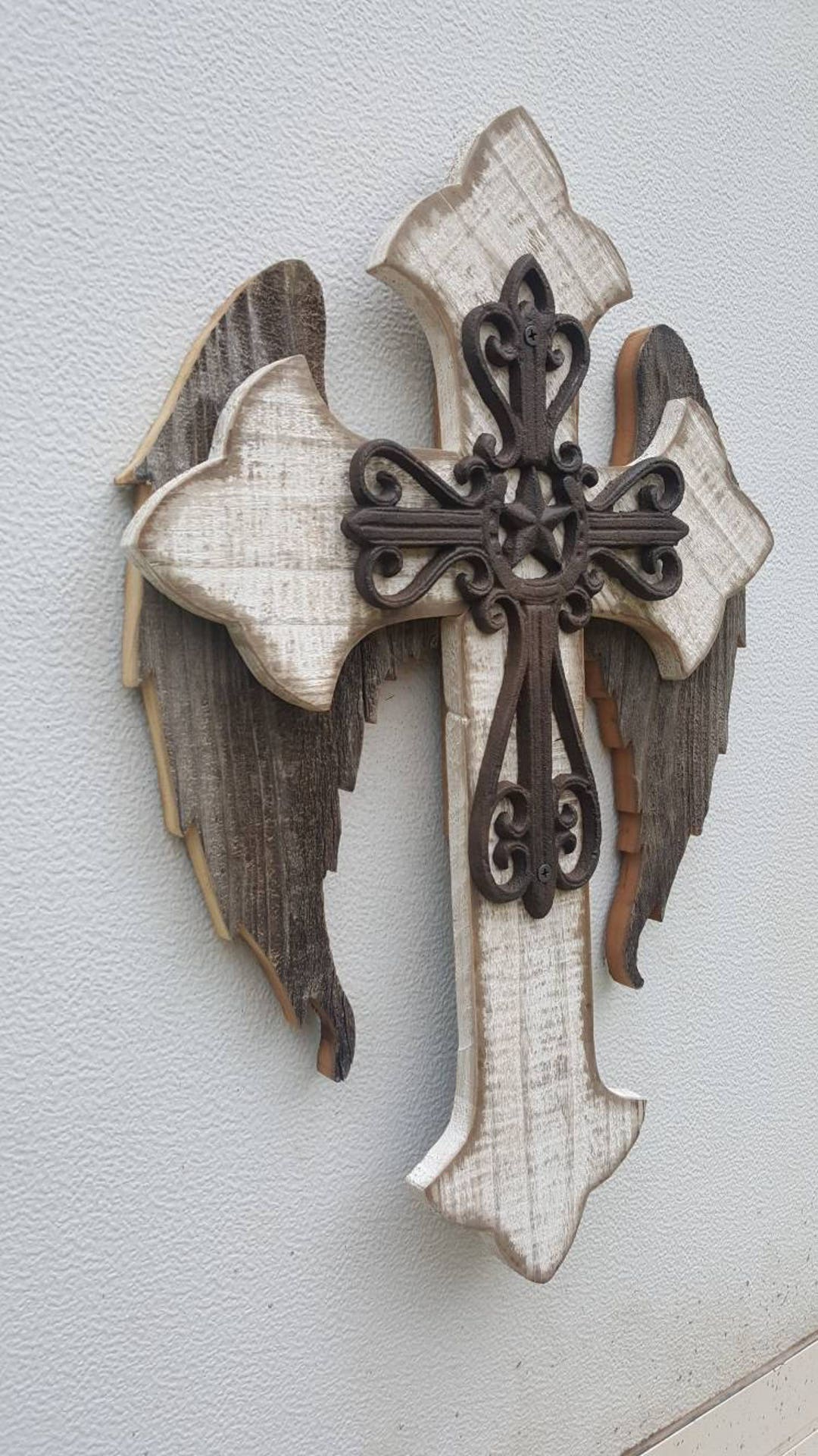 Off-white Ivory Angel Wing Cast Western Star Scroll Wall Cross - Etsy
