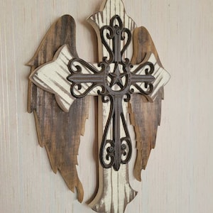 Off-white Ivory Angel Wing Cast Western Star Scroll Wall Cross Cross ...