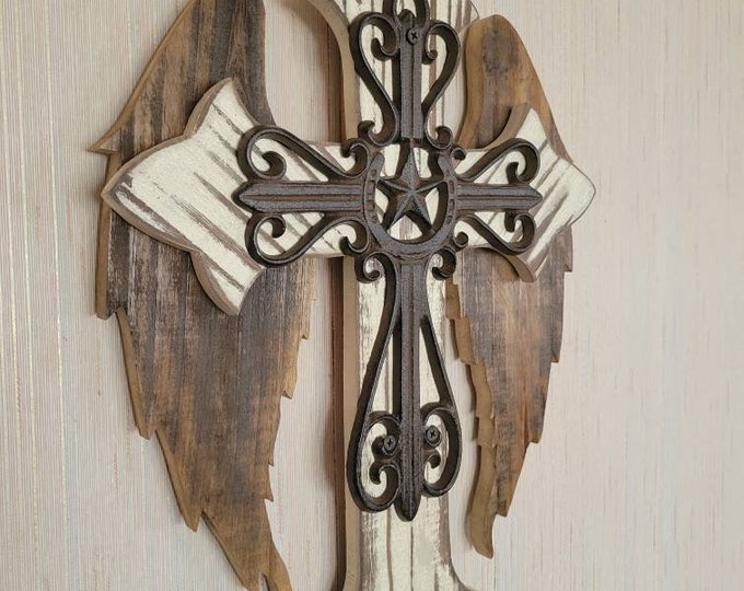Off-white Ivory Angel Wing Cast Western Star Scroll Wall Cross Cross ...