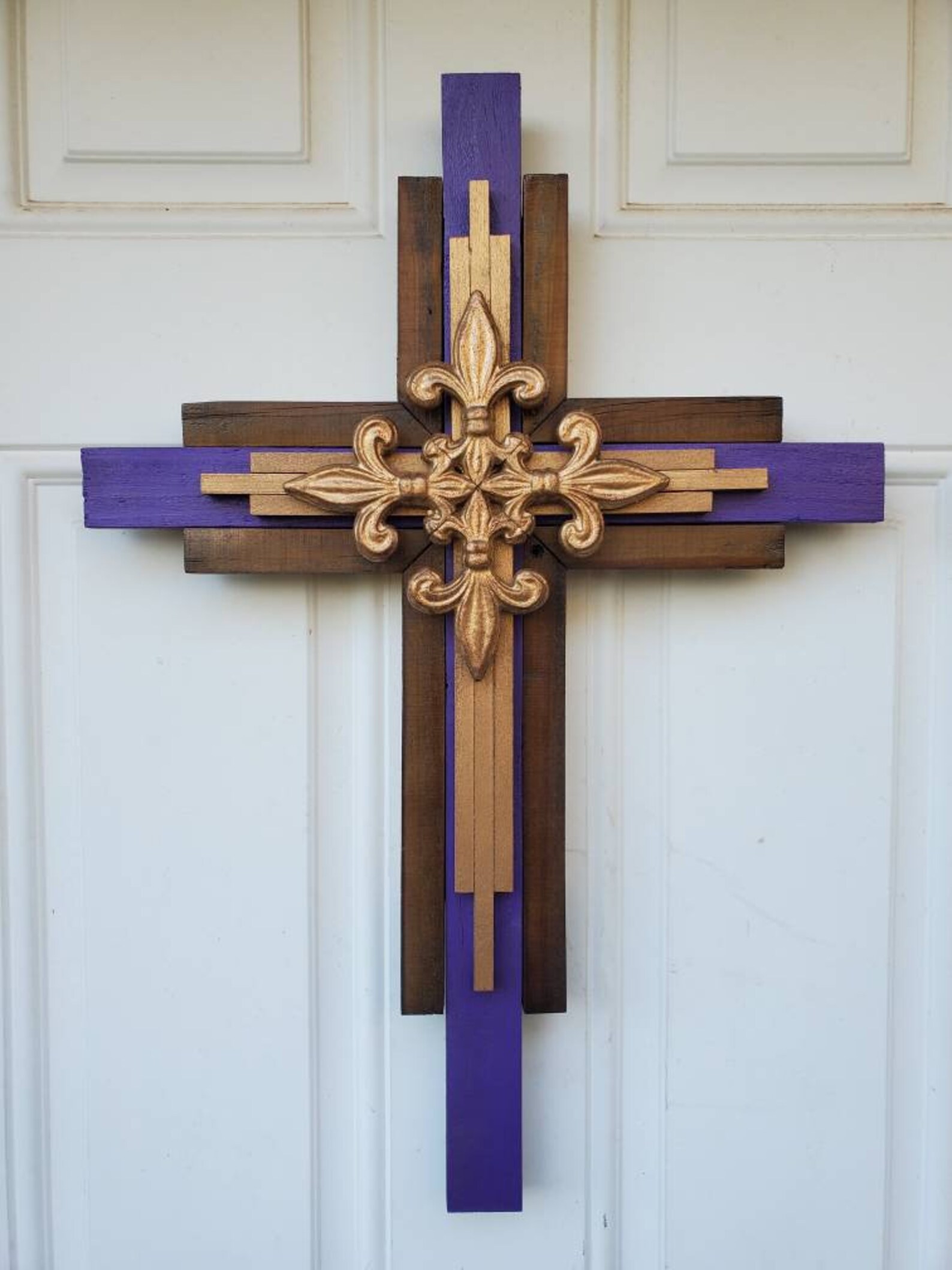 Old School Rustic Cedar Wood Cross Royal Purple With Fleur-de-lis Wall ...