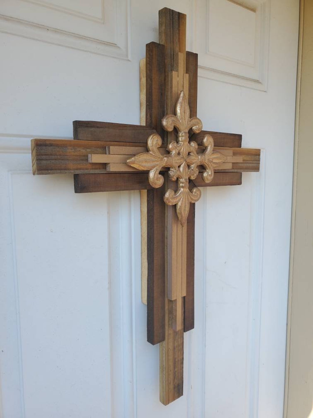 Old School Rustic Cedar Wood Cross Natural W/ Fleur-de-lis Wall Hanging ...