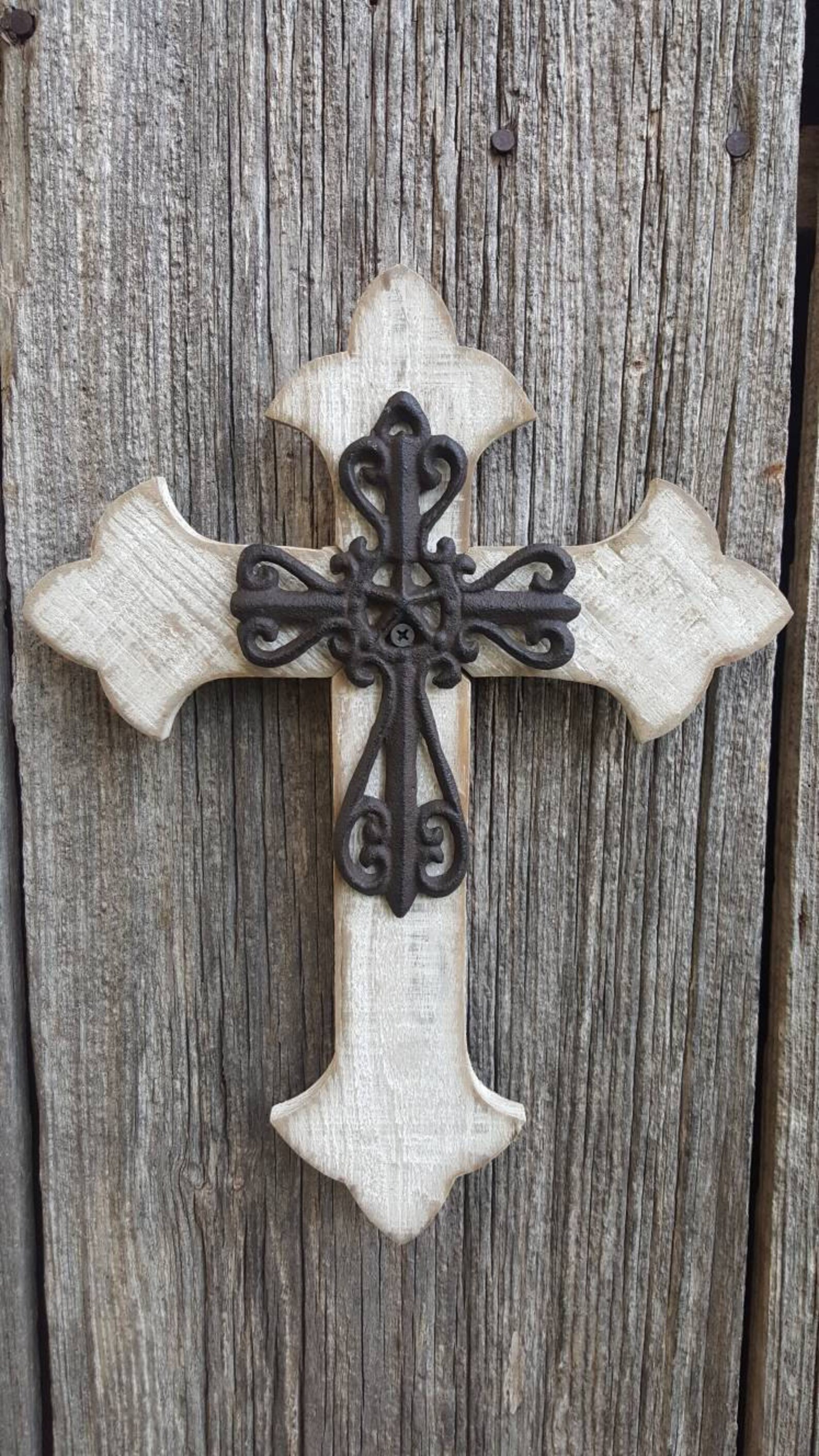 Small Ivory White Wood Wall Cross Cast Iron Scroll Cross Off | Etsy