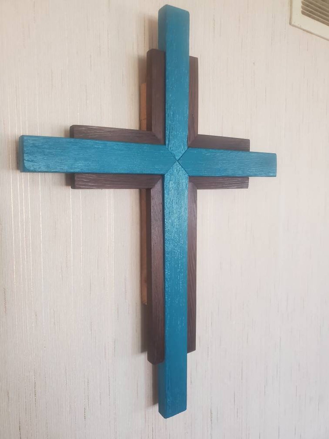 Unique Old School Rustic Cedar Wood Cross Turquois & Brown Wall Hanging ...