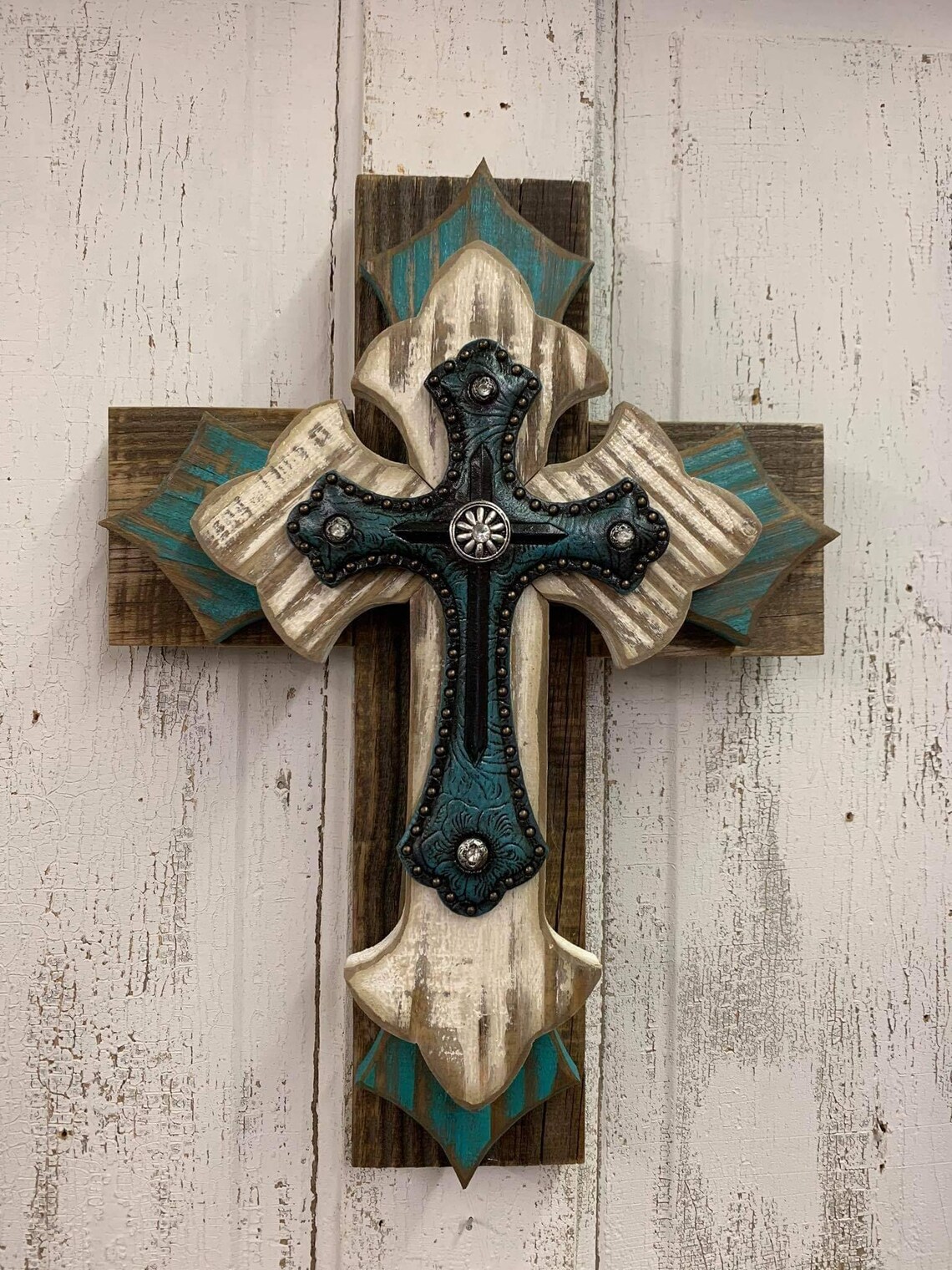 Small Turquoise Ivory Distressed Reclaimed Wood Wall Cross - Etsy