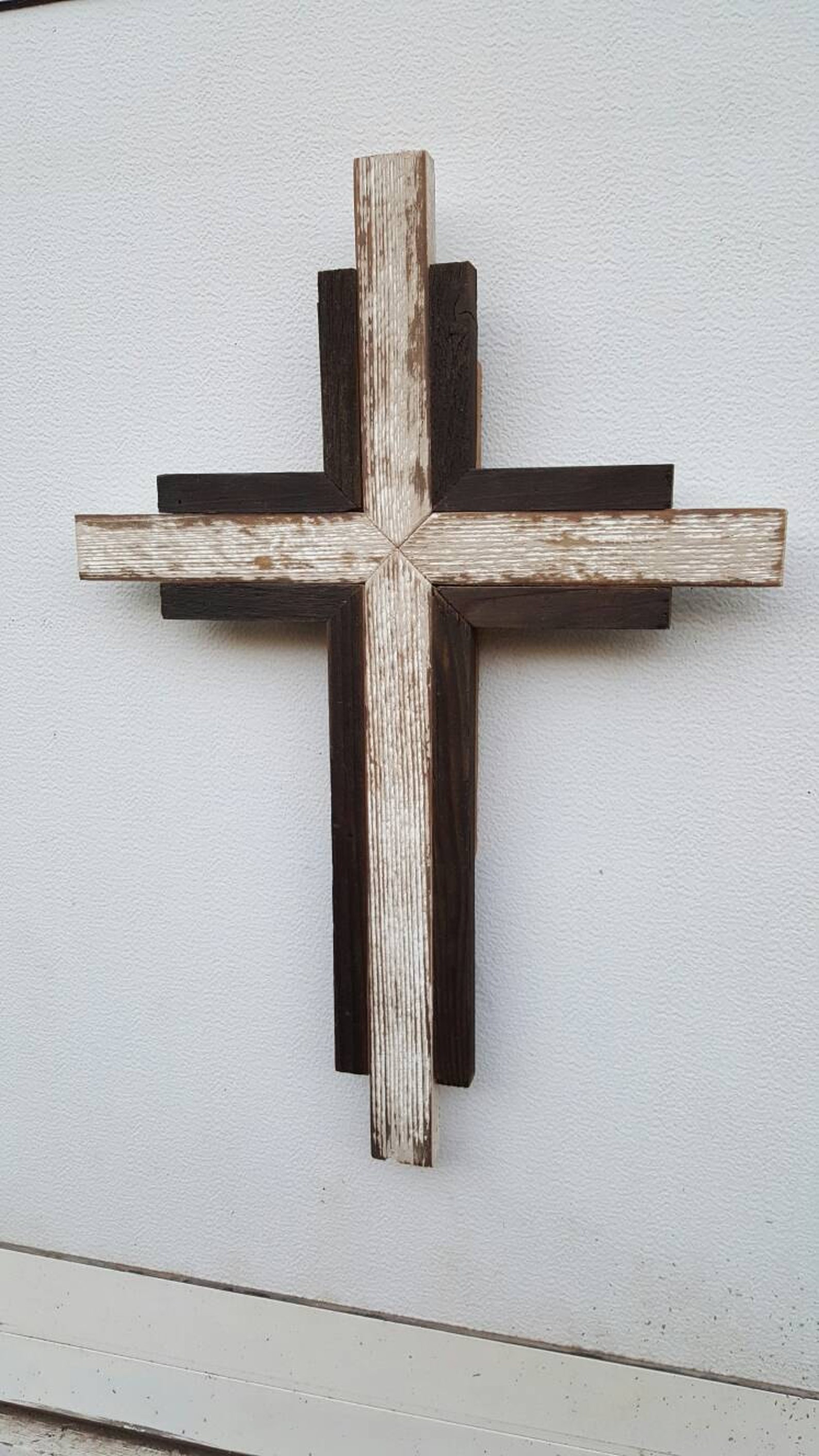 Art Deco Rustic Cedar Wood Cross Distressed White & Brown Wall | Etsy