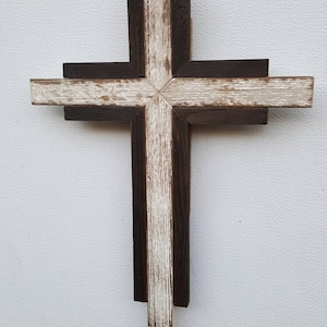 Art Deco Rustic Cedar Wood Cross Distressed White & Brown Wall Hanging ...