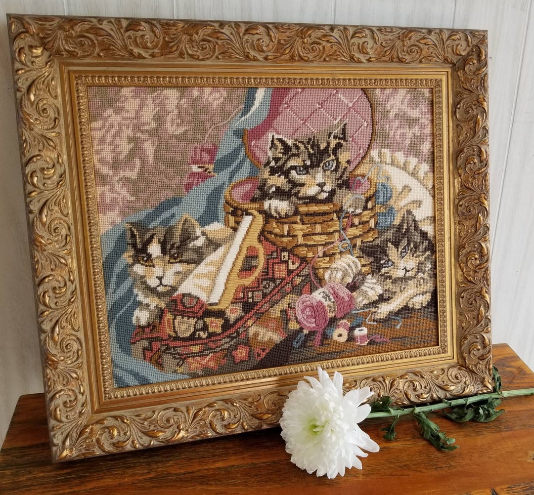 Vintage Framed Embroidery CATS CREWEL Art - Etsy
