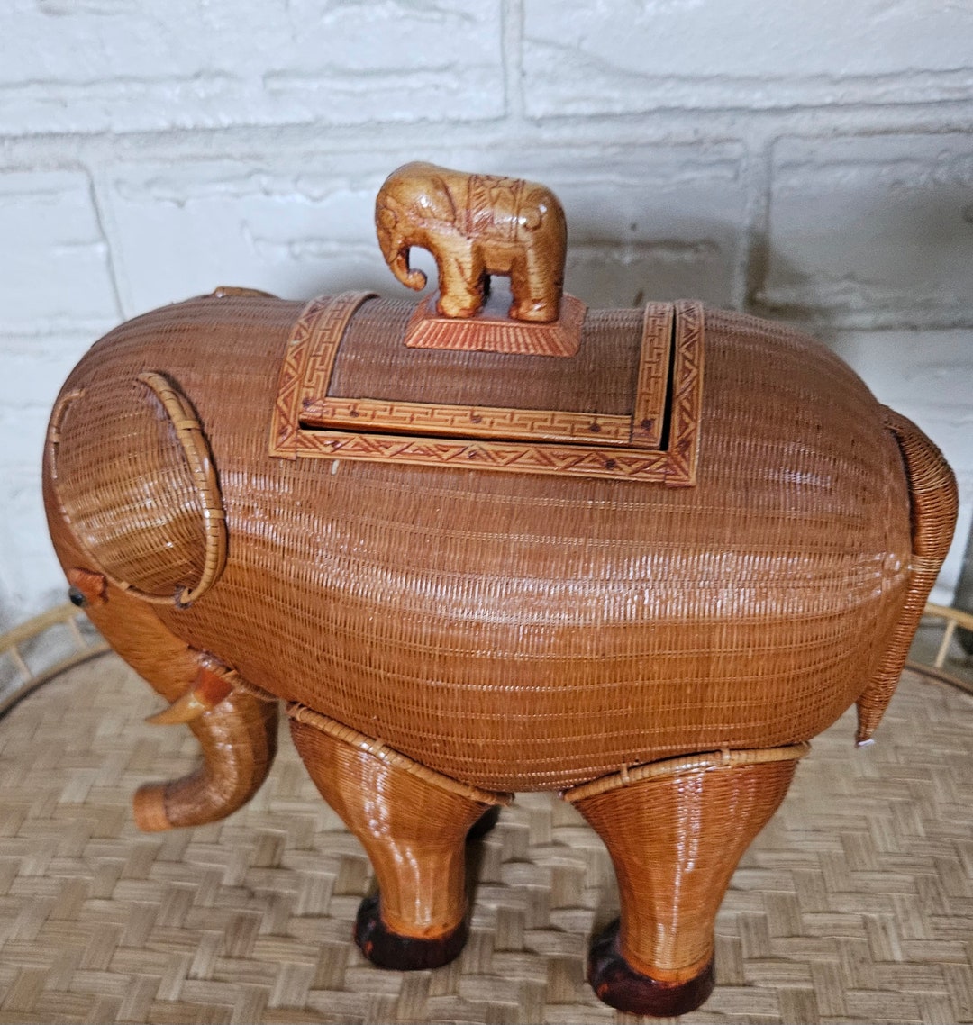 Vintage Wicker Elephant Stash Box - Etsy