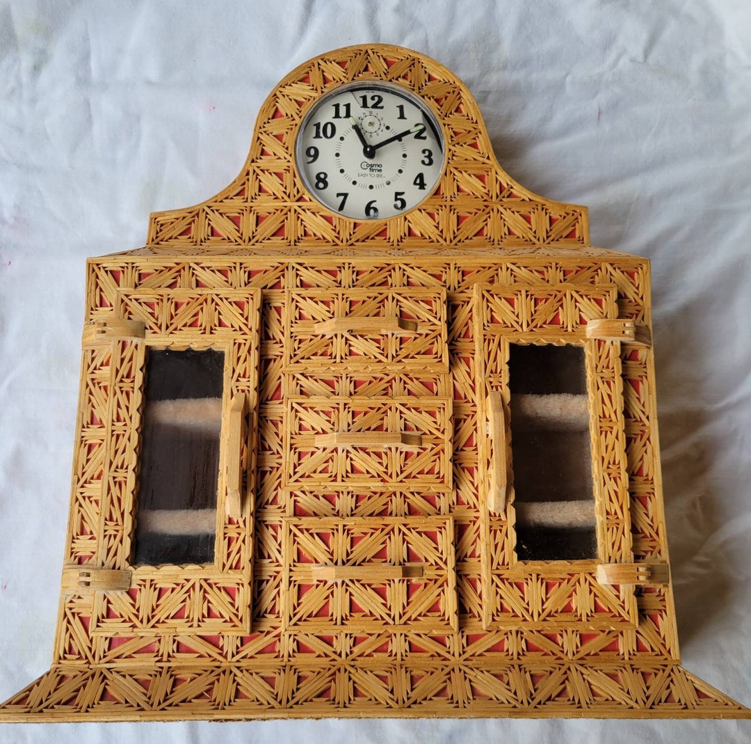 Vintage Tramp Art Matchstick Jewelry Box and Clock - Etsy