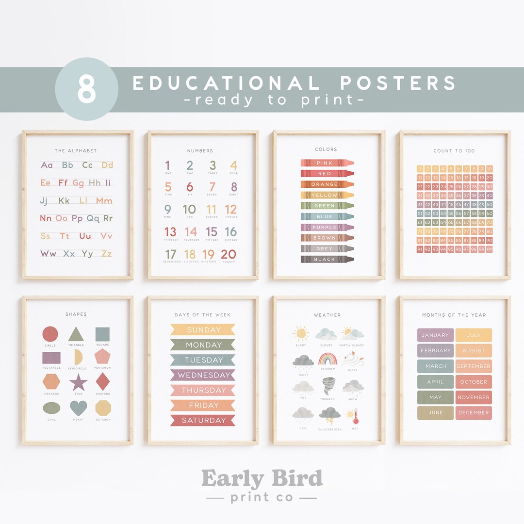 Educational Prints, Set of 8 Preschool Posters, Classroom Decor ...
