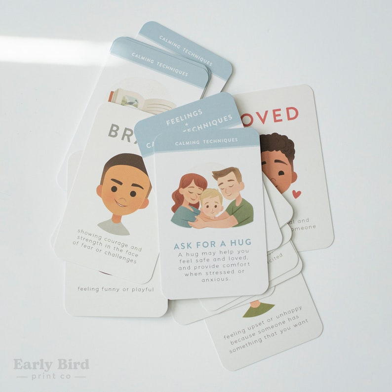 Feelings Flashcards, Emotions and Calming Techniques Chart, Montessori ...