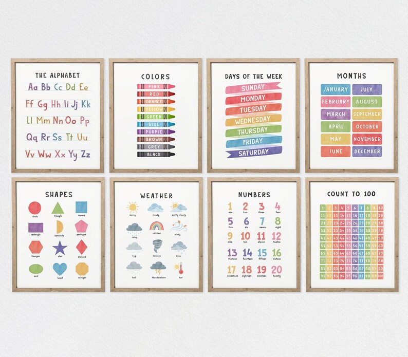Educational Prints Set of 8 Preschool Posters Classroom - Etsy