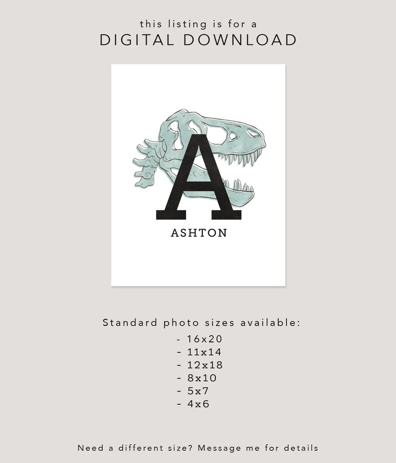 Dinosaur Wall Art, Dinosaur Printable, Custom Monogram Print, Dinosaur ...
