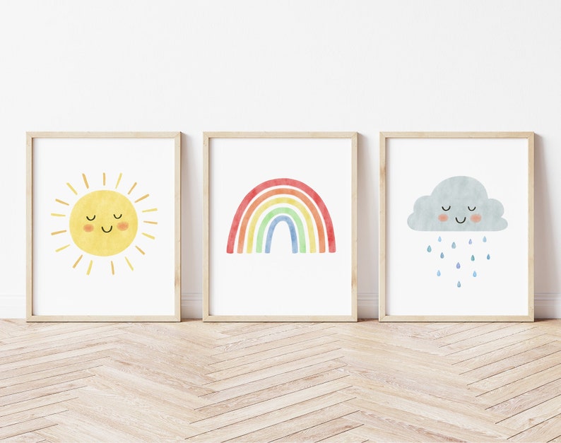 Sunshine Nursery Print Sun Rainbow Cloud Art Print Neutral | Etsy