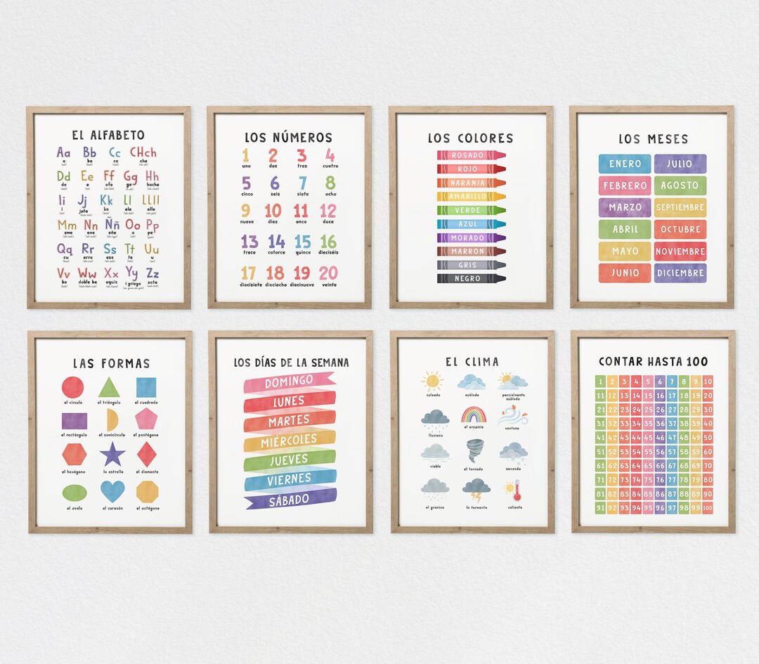 Educational Spanish Prints, Set of 8 Preschool Posters, Spanish ...