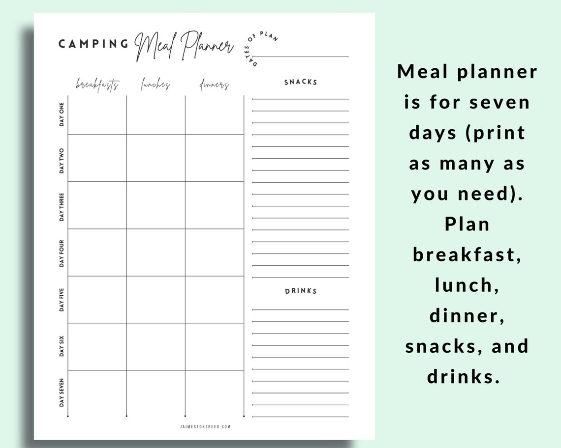 Printable Camping Meal Planner and Grocery Checklist for Glamping ...