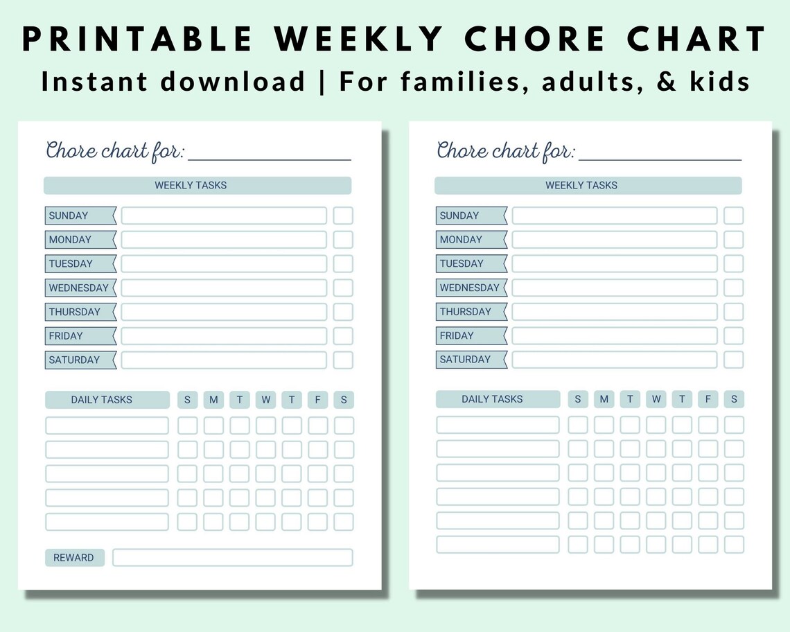 Printable Chore Chart Task List for Families Adults and - Etsy