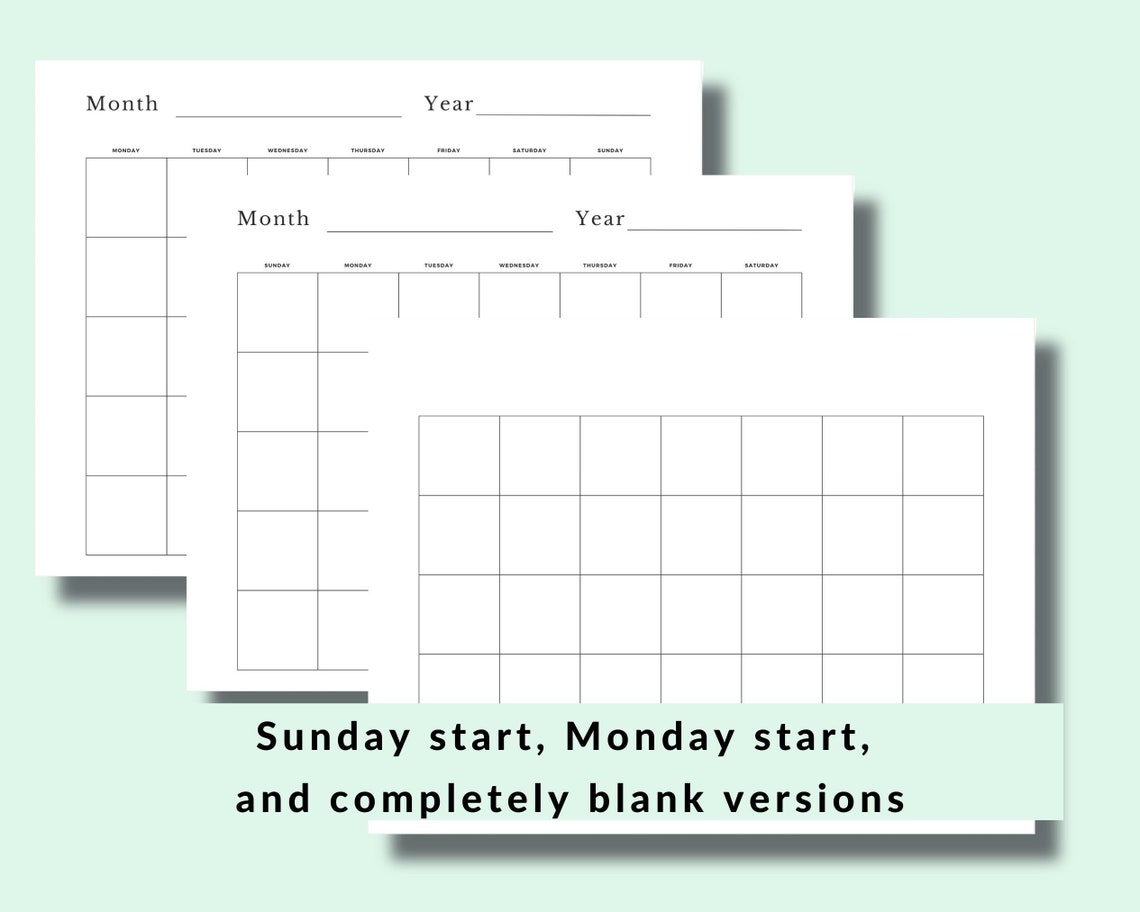Undated Blank Printable Calendar Instant Download Monthly Digital ...