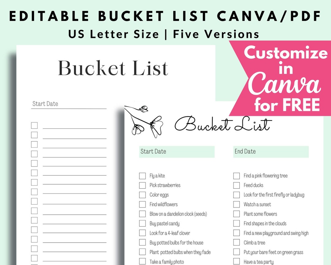 Bucket List Template *editable* Printable | Canva | Blank and Filled ...