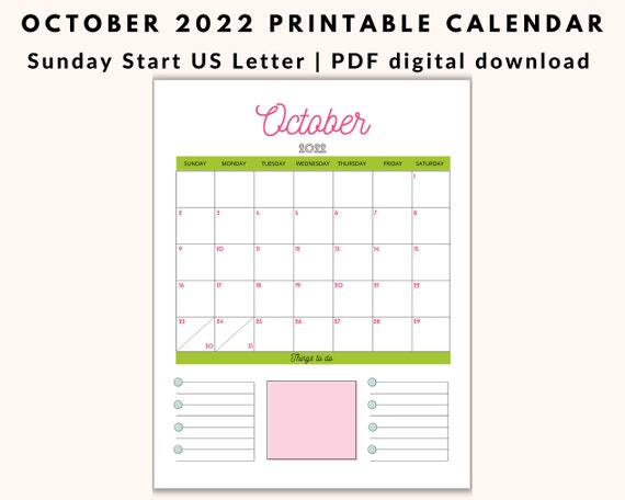 October 2022 Printable Calendar Instant Download Monthly | Etsy