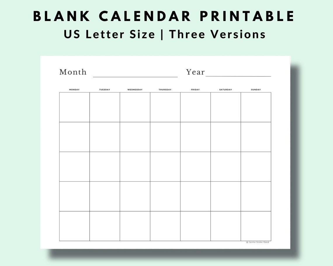 Undated Blank Printable Calendar Instant Download Monthly Digital ...